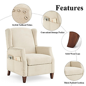 COLAMY Wingback Pushback Recliner Chair with Storage Pocket, Upholstered Fabric Living Room Chair Armchair with Wood Legs and Nailhead Trim, Beige