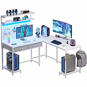 SEDETA White L Shaped Gaming Desk with LED Lights and Drawers, Gaming Desk with Hutch & Pegboard, Computer Desk with Monitor Stand, Storage Shelves, Home Office Desk Corner Desk, Gaming Table