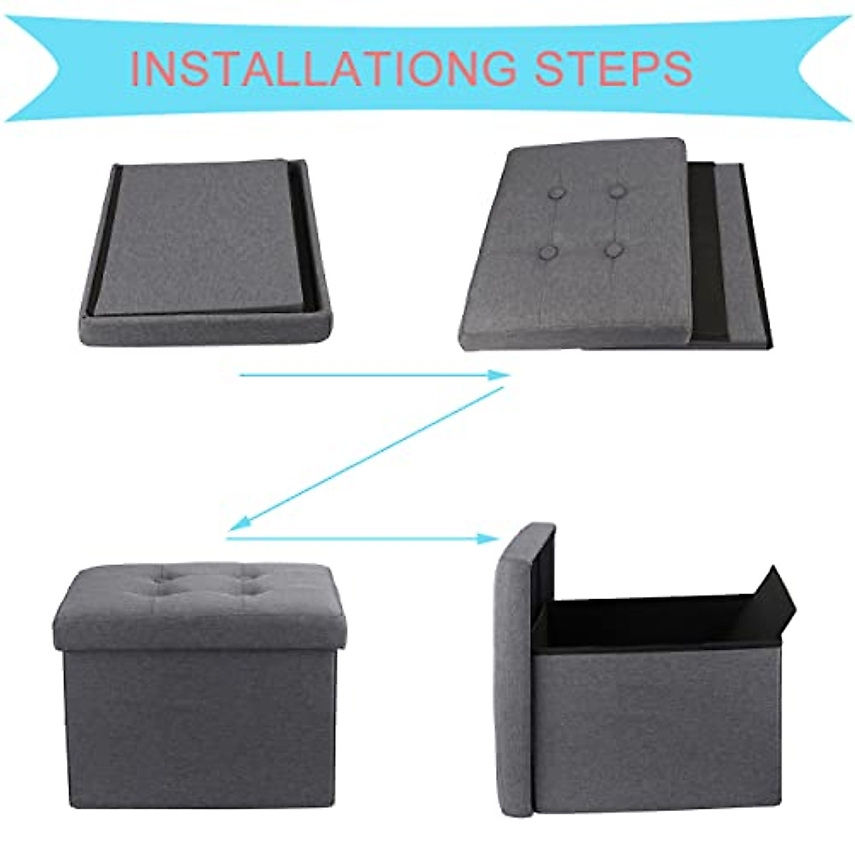 ALASDO Storage Ottoman Folding Rectangle Cube Coffee Table Multipurpose Foot Rest Short Children Sofa Stool Linen Fabric Ottomans Bench Foot Rest for Bedroom L17W13H13(Grey)
