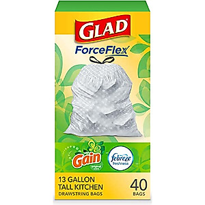 GLAD ForceFlex Tall Drawstring Trash Bags, 13 Gallon White Trash Bags for Tall Kitchen Trash Can, Gain Original Scent to Eliminate Odors, 40 Count