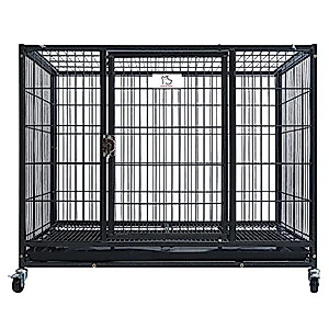Homey Pet 37 inch Heavy Duty Dog Crate, Extra Strong Dog Cage for Medium Dog, Indoor High Anxiety Double Door Dog Crate on Wheels with Removable Tray