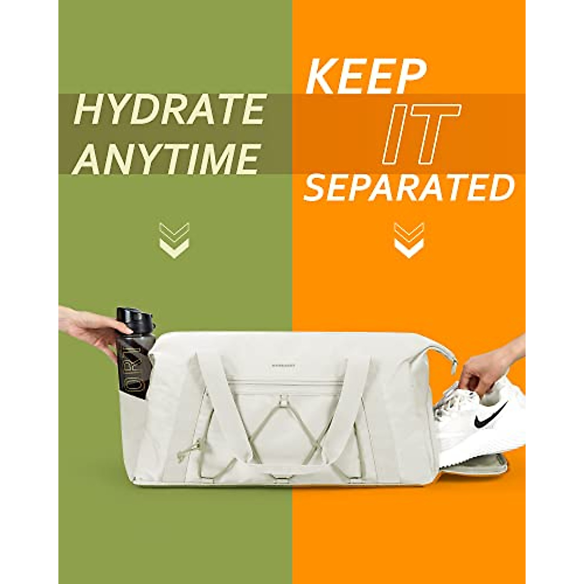 Gym Bag for Women, BAGSMART Sports Travel Duffel Bag With Shoe Compartment & Wet Pocket, Carry On Weekender Duffel Bag, Water Resistant Sports Gym Tote Bags Swimming Yoga Workout - White