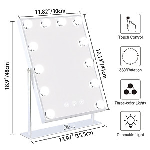 FENCHILIN Lighted Makeup Mirror Hollywood Mirror Vanity Makeup Mirror with Light Smart Touch Control 3Colors Dimmable Light Detachable 10X Magnification 360°Rotation(White)