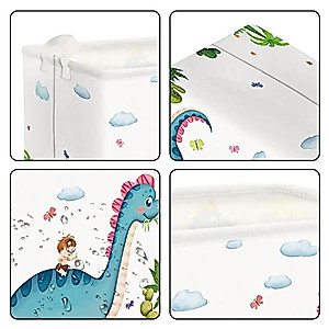 Clastyle Blue Dinosaur Baby Playing Trees Shelf Basket for Kids Room Butterflies Clouds Rectangle Book Toy Clothes Cube Storage Basket, 36L