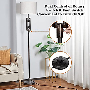 SURAIELEC Farmhouse Floor Lamp with LED Nightlight Bulb, Rustic Tall Lamps for Living Room, Traditional Standing Lamps for Bedroom, Beige Linen Drum Shade, Oil Rubbed Bronze Finish, Foot Switch