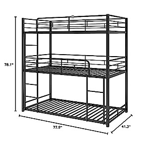 GLORHOME Twin Size Metal Triple Bunk Bed with 2 Front Ladders for Kids Adults, No Box Spring Required, Black