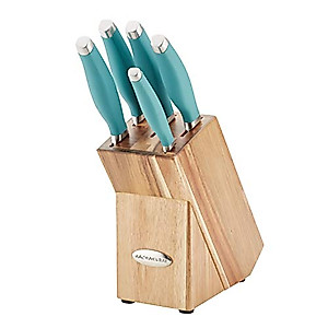 Rachael Ray Cucina Japanese Stainless Steel Knife Kitchen Cutlery Wooden Block Set, 6 Piece, Agave Blue