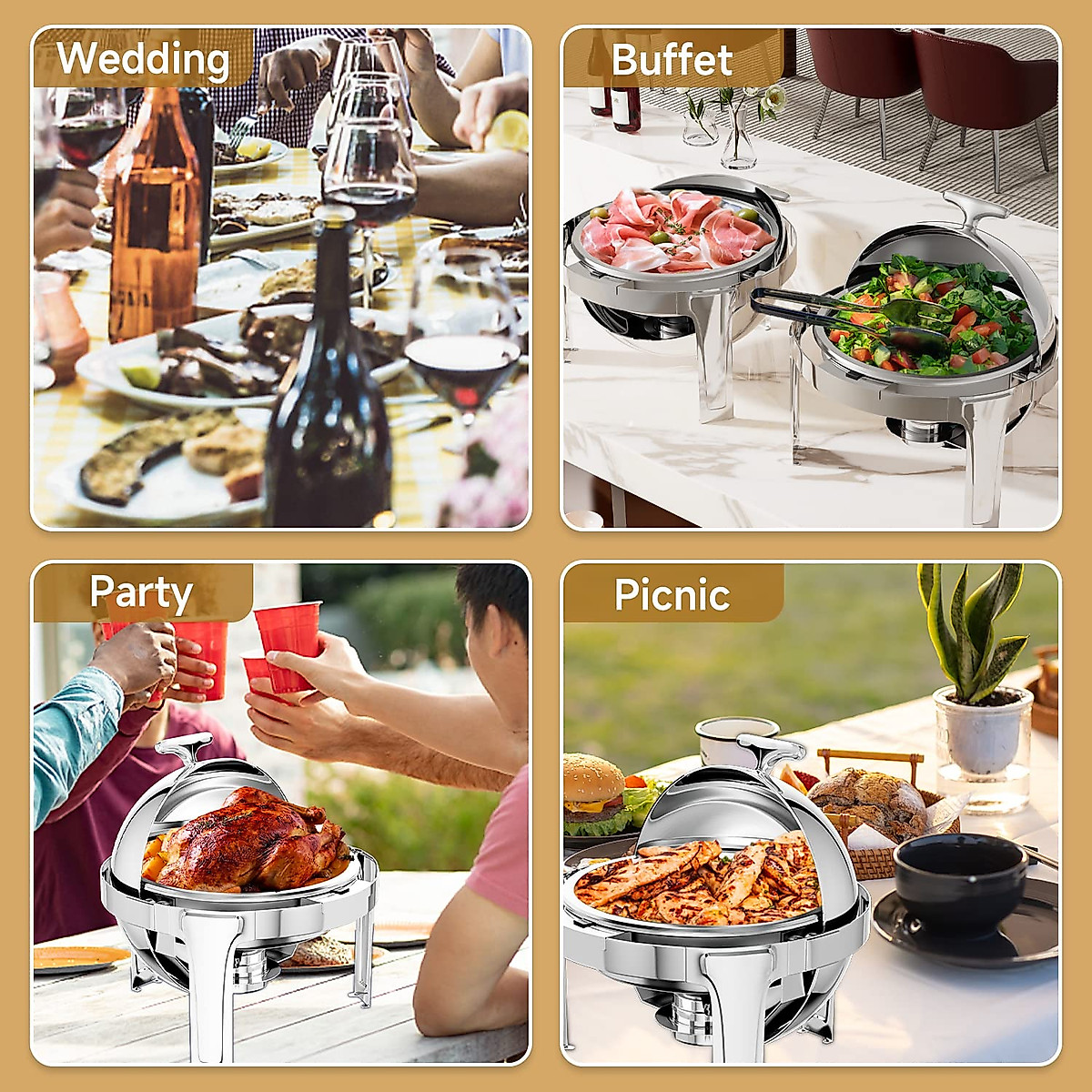 Halamine Roll Top Chafing Dish Buffet Set, 6 Quart Round Stainless Steel Chafer for Catering, Buffet Servers and Warmers for Parties Catering Event Wedding, Banquet, Events, Graduation