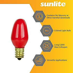 Sunlite 7C7 Incandescent Bulb, 7 Watt, Candelabra E12 Base, C7 Small Night Light, Colored Bulb, Red, 8 Count
