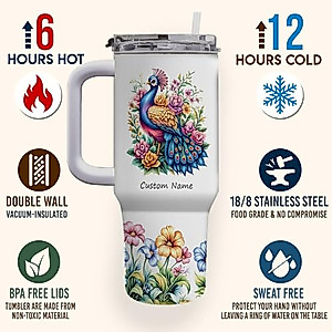 40oz Custom Peafowl Lover Tumbler – Personalized Stainless Steel Mug with Handle and Straw – Cute Bird Gift for Girls Women on Christmas or Birthday Celebration 9Xm2RR