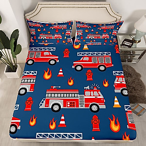 Cartoon Car Bed Sheets Set Fire Truck Sheet Set for Kids Boys Girls Room Decor Firefighter Sheets with Deep Pocket Fitted Sheet Firemen Car Vehicle Fire Engine Blue Red Bedding Set 4Pcs Full