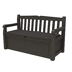 Keter Solana 70 Gallon Storage Bench Deck Box for Patio Furniture, Front Porch Decor and Outdoor Seating – Perfect to Store Garden Tools and Pool Toys, Brown