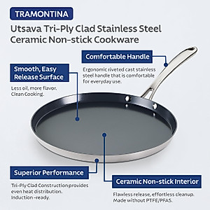 Tramontina Utsava 12-Inch Tri-Ply Clad Stainless Steel Ceramic-Coated Dosa Tawa, Non Stick Tava Pan for Roti, Crepe Pan, Comales para Tortillas, Pancake Griddle, Nonstick Flat Skillet