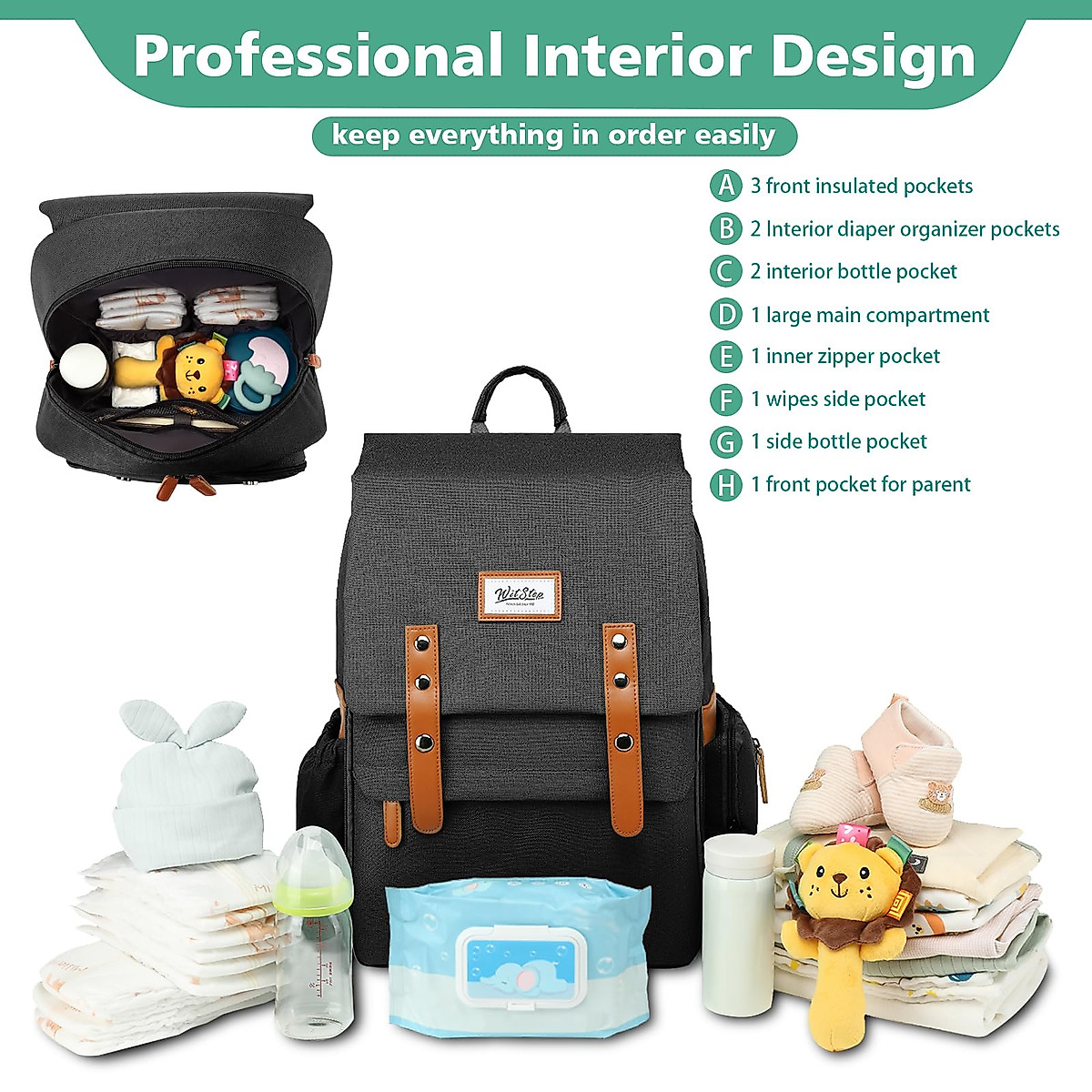 WITSTEP Diaper Bag Backpak with the flap, Vintage Style Large Capacity Diaper Bag Large Capacity Top Open Wide Open Flap