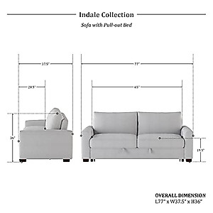 Lexicon Indale Convertible Studio Sofa Sleeper, Wooden Leg, Gray, Grey