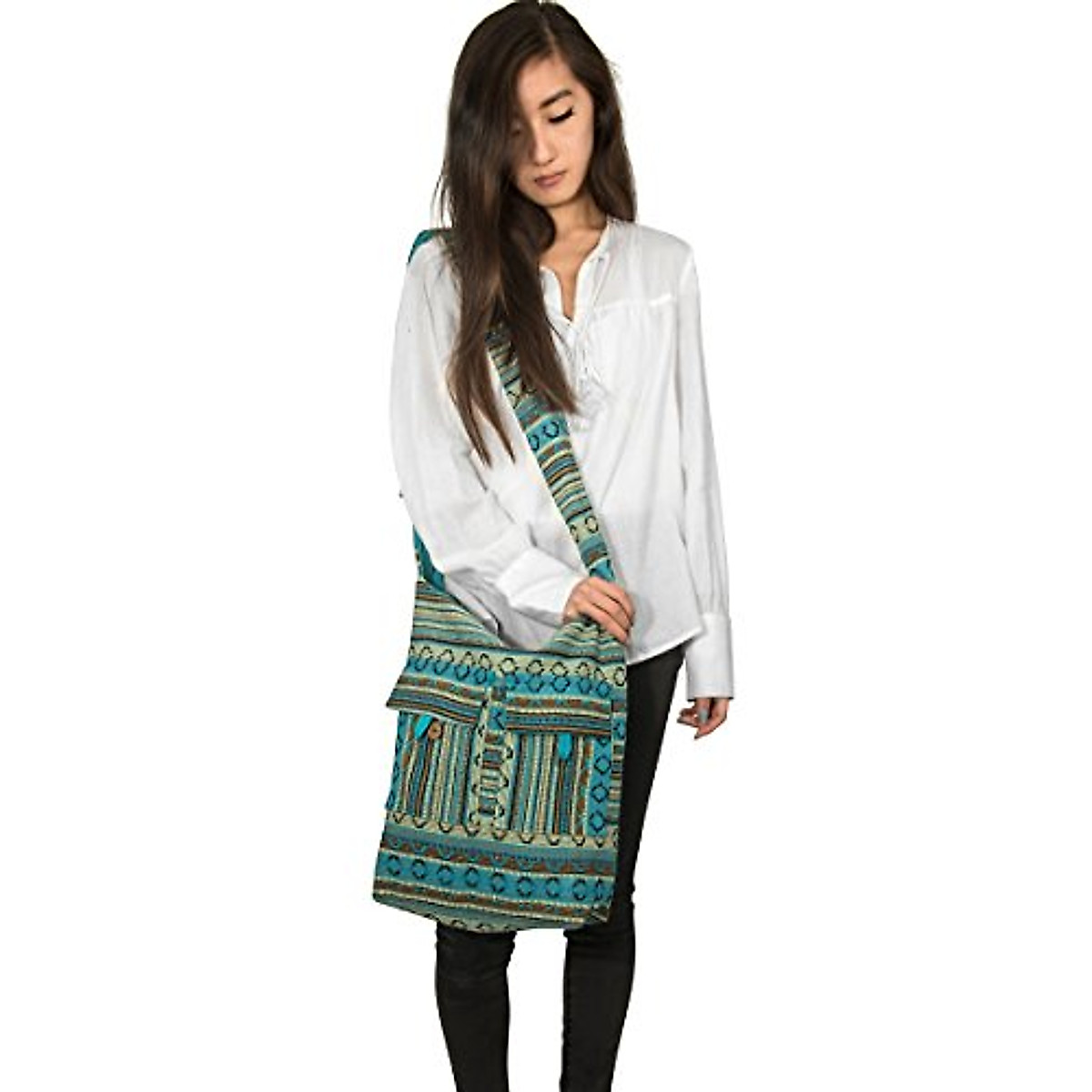 Tribe Azure Blue Aztec Canvas Large Hobo Cross body Shoulder Sling Slouch Casual Shopping Market Bag