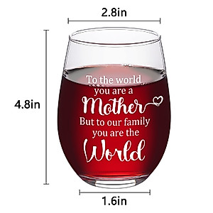 DAZLUTE Mothers Day Gifts from Daughter, To The World You are A Mother But to Our Family You are the World Stemless Wine Glass for Mom New Mom Women Mothers Day Birthday Christmas, Mom Gifts, 17Oz