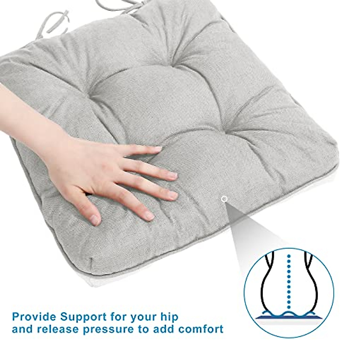 EAIMi Indoor Chair Cushions for Dinning Chairs 4 Packs| Tufted Memory Foam Overstuffed Kitchen Chair Pads with Ties | Textured Non Slip Back Seat Cushions 15.5x15.5x4 Inches Light Grey