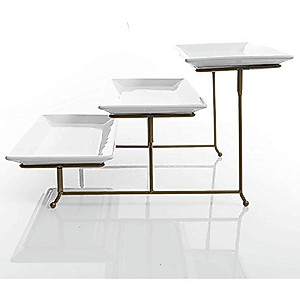 Gibson 3 Tiered Platter Stand with Rectangle Plates, Appetizer Serving Tray, Dessert Display for Tea Party, Brunch Decor, Home Entertaining, Perfect for Cake Pops, Fruit, Cupcakes, Cookies, White/Gold