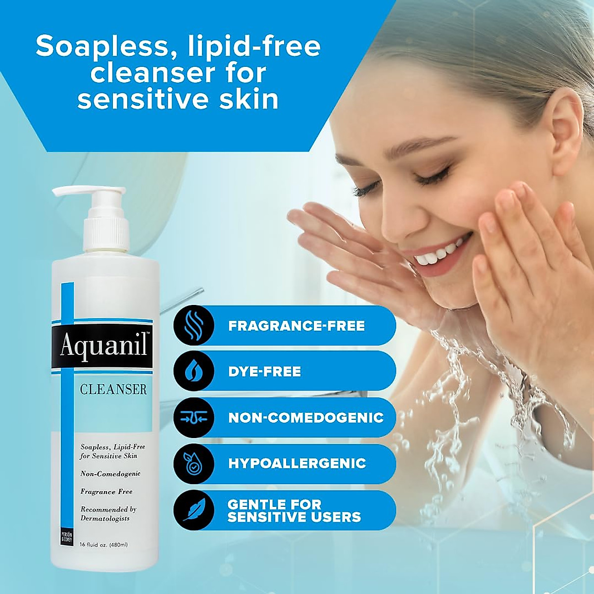 Person & Covey Aquanil Cleanser - Lipid-Free Sensitive Skin Cleanser, Non-Comedogenic Gentle Cleanser - Soap Free Cleanser with 7 Ingredients, Fragrance-Free Skin Care Cleanser - 3 Pack, 16 Fl. Oz.