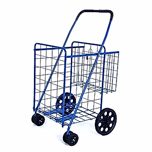 Swivel Wheels FOLDING SHOPPING/LAUNDRY CART with Double Basket Cart - Blue