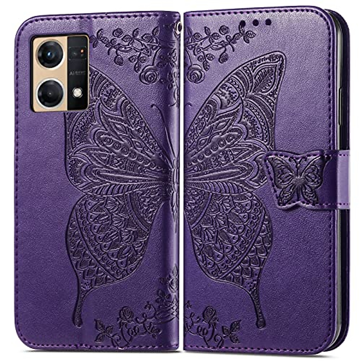 ONV Wallet Case for Oppo Reno 7 4G - Butterfly Embossed Leather Folio Case [Magnetic] [Card Slots] [Kickstand] [Wrist Strap] +TPU Shell for Oppo Reno 7 4G [HZD] -Violet