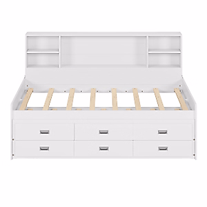 SOFTSEA Twin Size Daybed with Storage and Trundle, Twin Captain Bed with Bookcase Headboard and 3 Drawers, Wooden Daybed with Storage and Trundle Bed for Kids Teens Guests, White