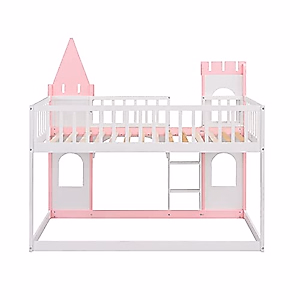 BOVZA Castle Bed Kids Bunk Bed Twin Over Twin with Ladder and Safety Guardrails for Girls Boys, Pink