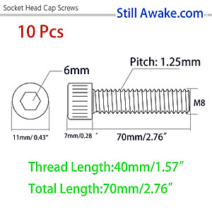 10 Pcs M8-1.25x70mm Stainless Steel Hex Socket Head Cap Screws Bolts Inner Hex Socket Bolt DIN 912
