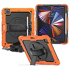 CLARKCAS Case for iPad Pro 12.9 inch Case 6th 2022 2021 5th Generation iPad Pro 12.9 Inch 2020 4th Gen with Screen Protector Pencil Holder Kids Shockproof Silicone Cover 360 Stand Hand Strap Orange