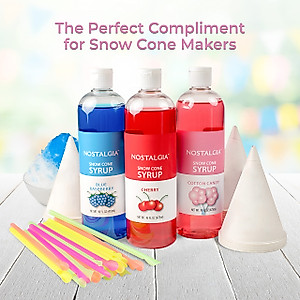 Nostalgia Premium Snow Cone Party Kit, 3 Syrups, Blue Raspberry, Cherry, Cotton Candy, 20 Cups & Spoon Straws