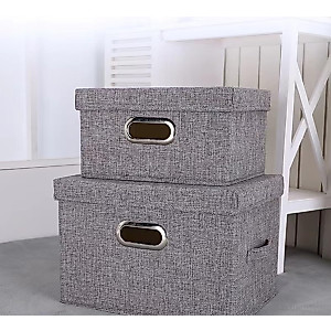 Grey Collapsible Storage Box with Lid, Cotton Linen Washable Dorm Office Bedroom Organizer
