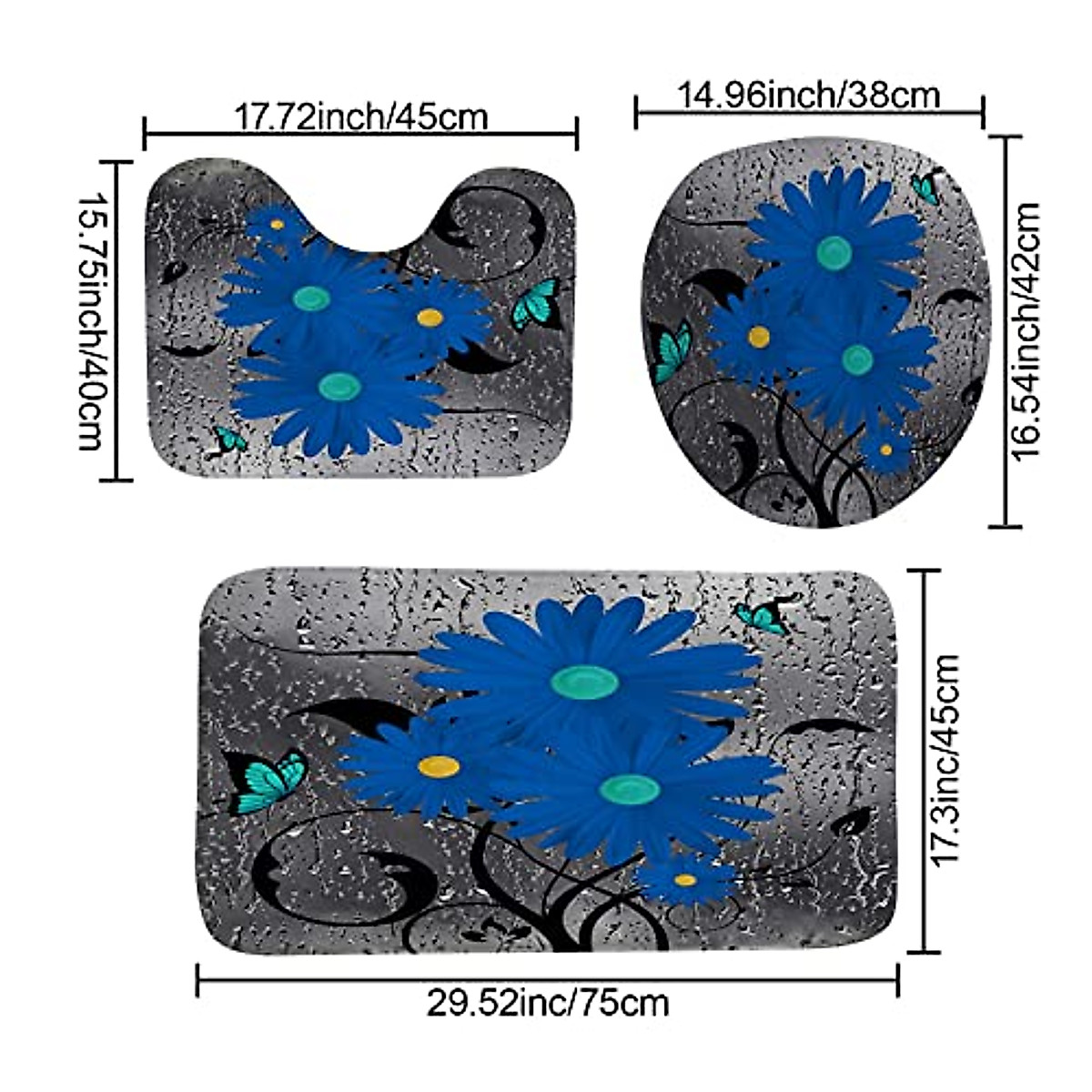 ALEXEX 4Pcs Blue Daisy Shower Curtain Sets with Non-Slip Rugs, Toilet Lid Cover and Bath Mat, Floral Butterfly Bathroom Decor Set Accessories Waterproof Shower Curtains with 12 Hooks, 72 x 72 Inch