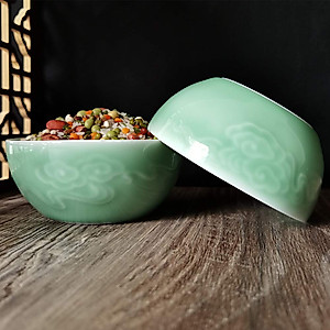 Chinese Rice Bowls 10-Ounce 4.5 inch Celadon Glazed Cereal Bowl Embossed with Auspicious Clouds Porcelain(Set of 4) (Green02)