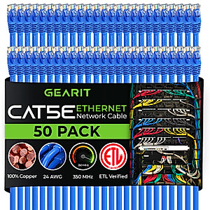 GearIT 50-Pack, Cat5e Ethernet Patch Cable 3 Feet - Snagless RJ45 Computer LAN Network Cord, Blue - Compatible with 48 Port Switch POE Rackmount 48port Gigabit