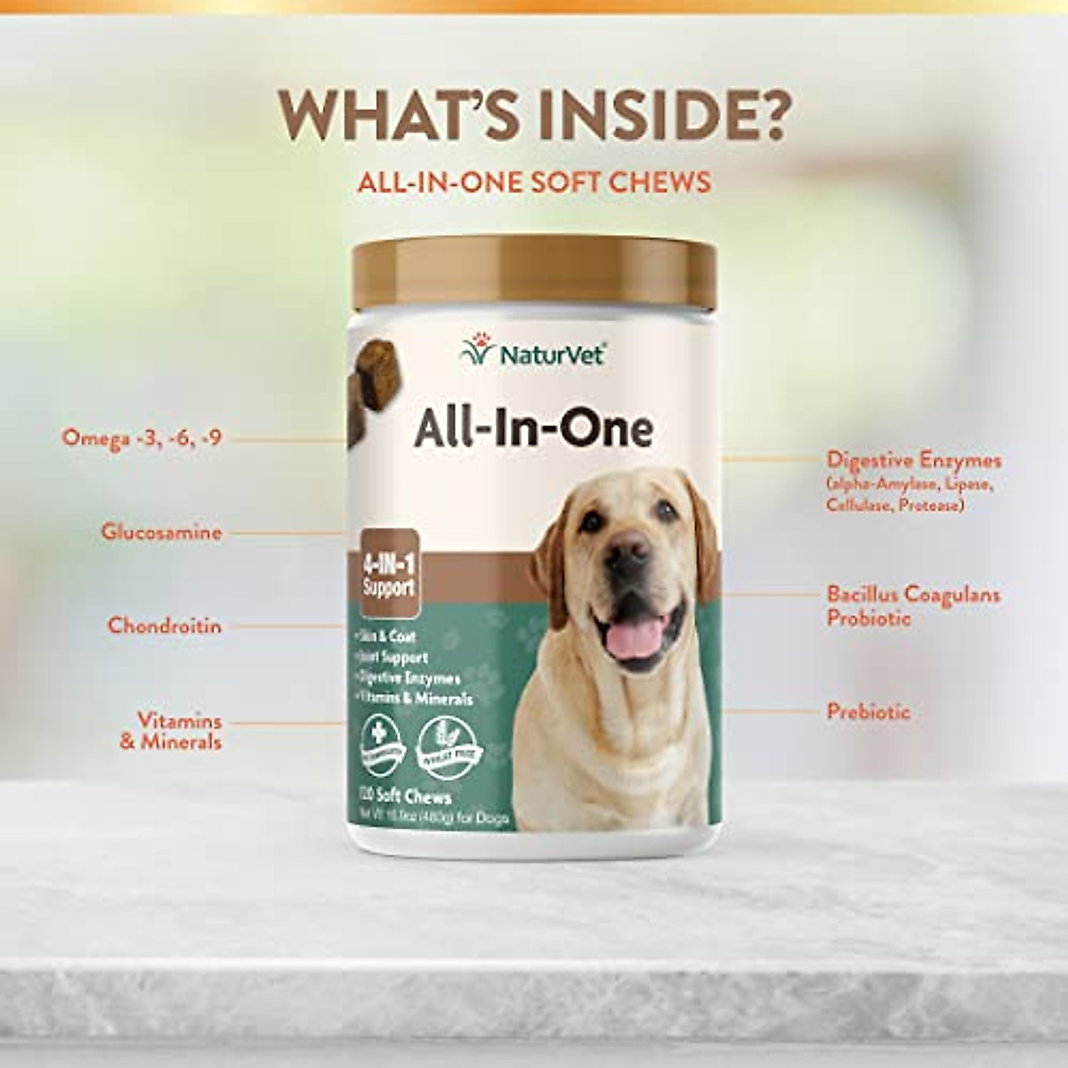 NaturVet All-in-One Dog Supplement - for Joint Support, Digestion, Skin, Coat Care – Dog Multivitamins with Minerals, Omega-3, 6, 9 – Wheat-Free Vitamins for Dogs – 120 Soft Chews