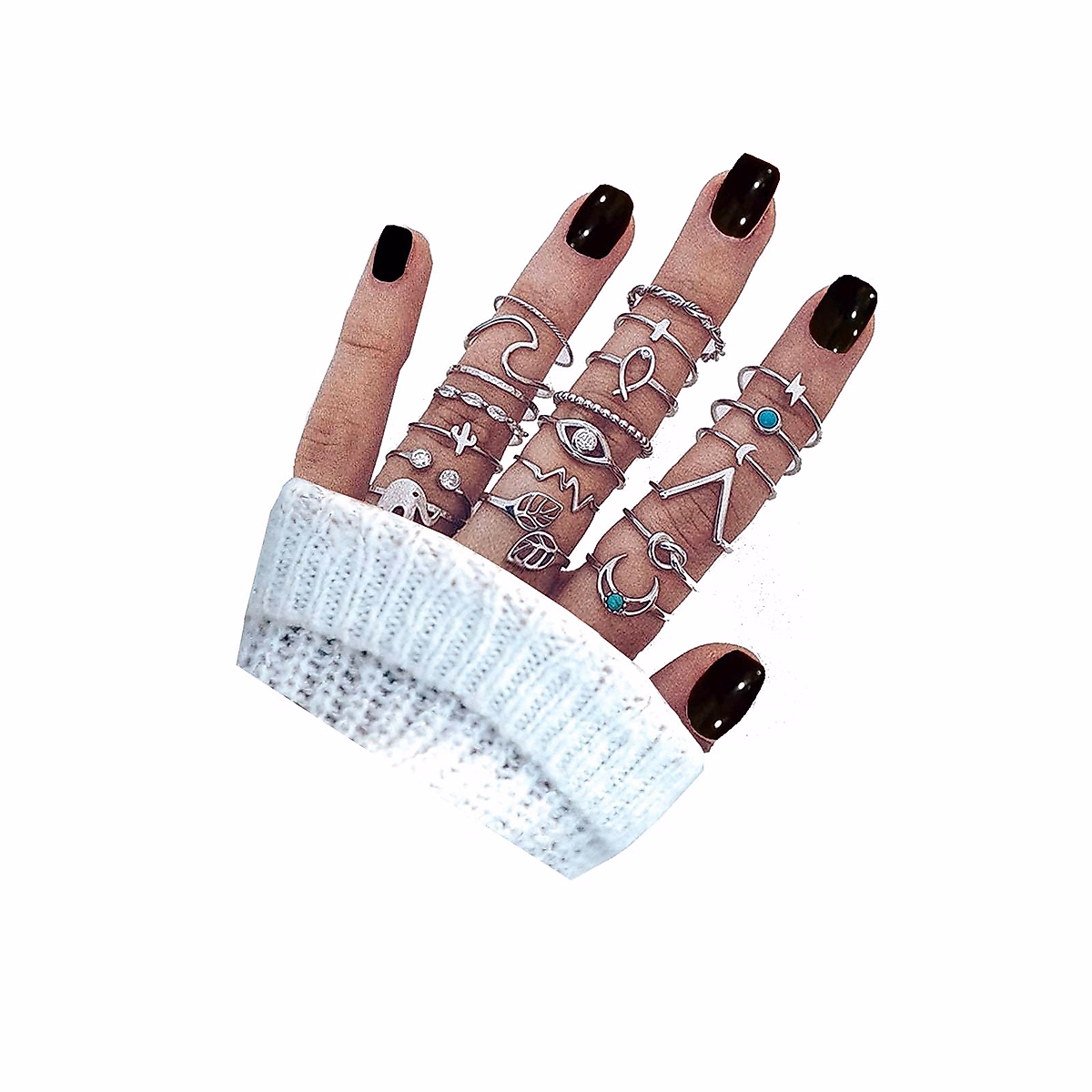 FUTIMELY 19PCS Boho Turquoise Knuckle Stacking Rings for Women Vintage Stackable Star Moon Wave Peak Sea Rhinestone Joint Midi Finger Rings Set (F:20Pcs)