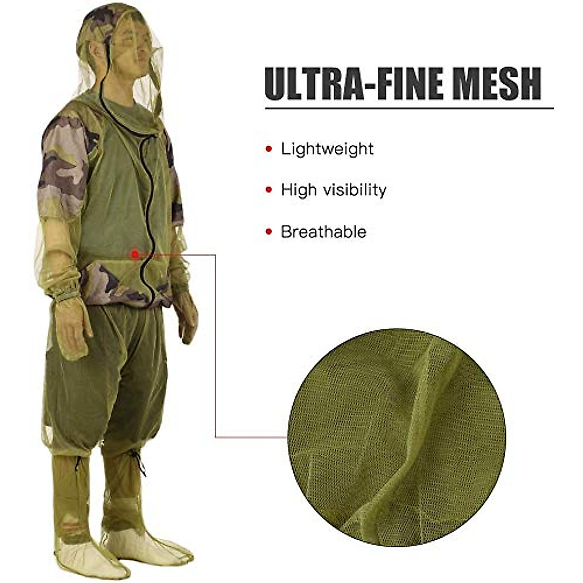 Lixada Outdoor Net Clothing Suit with Jacket Hood,Pants Net,Leg Gaiter and Gloves,Protective Whole Body Jacket Ultra-fine Mesh for Outdoor Fishing Hiking Camping Gardening