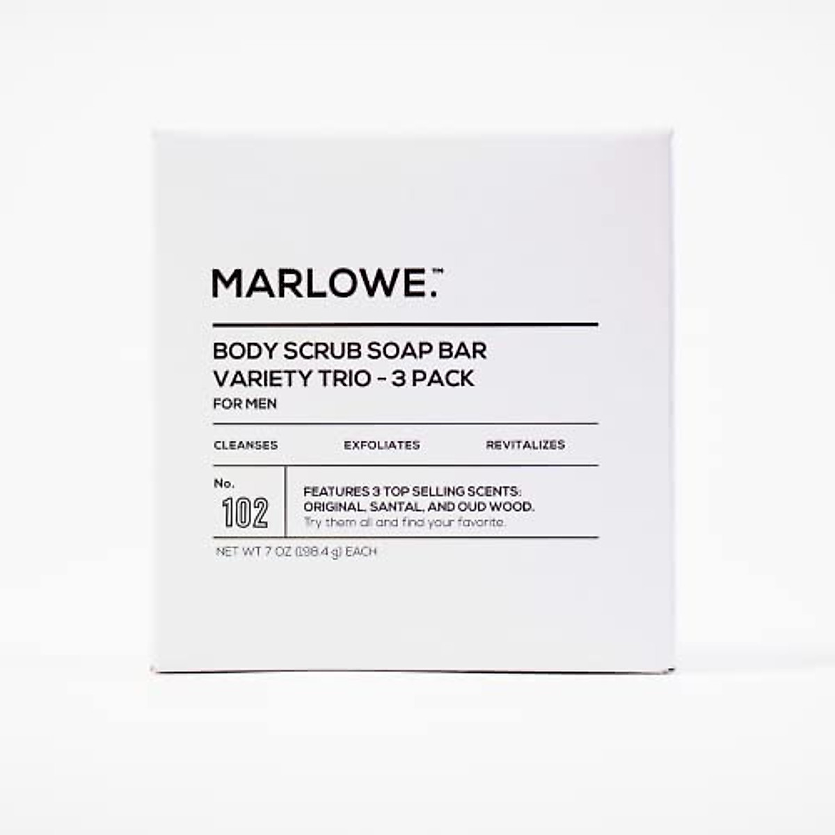 MARLOWE. No. 102 Men's Body Scrub Soap 7oz (Variety Trio) | Best Exfoliating Bar for Men | Made w/Natural Ingredients | Green Tea Extract | Features 3 Amazing Scents