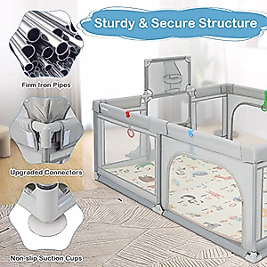 INFANS Baby Playpen, 74” x 62” Extra Large Baby Play Yard with Crawling Mat, 50 Ocean Balls, 4 Pill Up Rings, Basketball Hoop and 2 Football Gates for Toddlers, Indoor Activity Center (Light Gray)