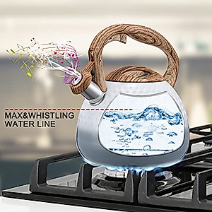 Tea Kettle, Stovetop Teapot, 2.7 Quart, Loud Whistle, Food Grade Stainless Steel and Smooth Wood Pattern Handle, Sophisticated Look for Hiking, Picnic, for Tea, Coffee, Milk (White)