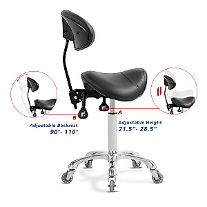 Saddle Stool Rolling Chair with Back Support,Esthetician Tattoo Dental Stool Chair,Lash Chairs for Eyelash Tech Massage Salon(Black,with Backrest)