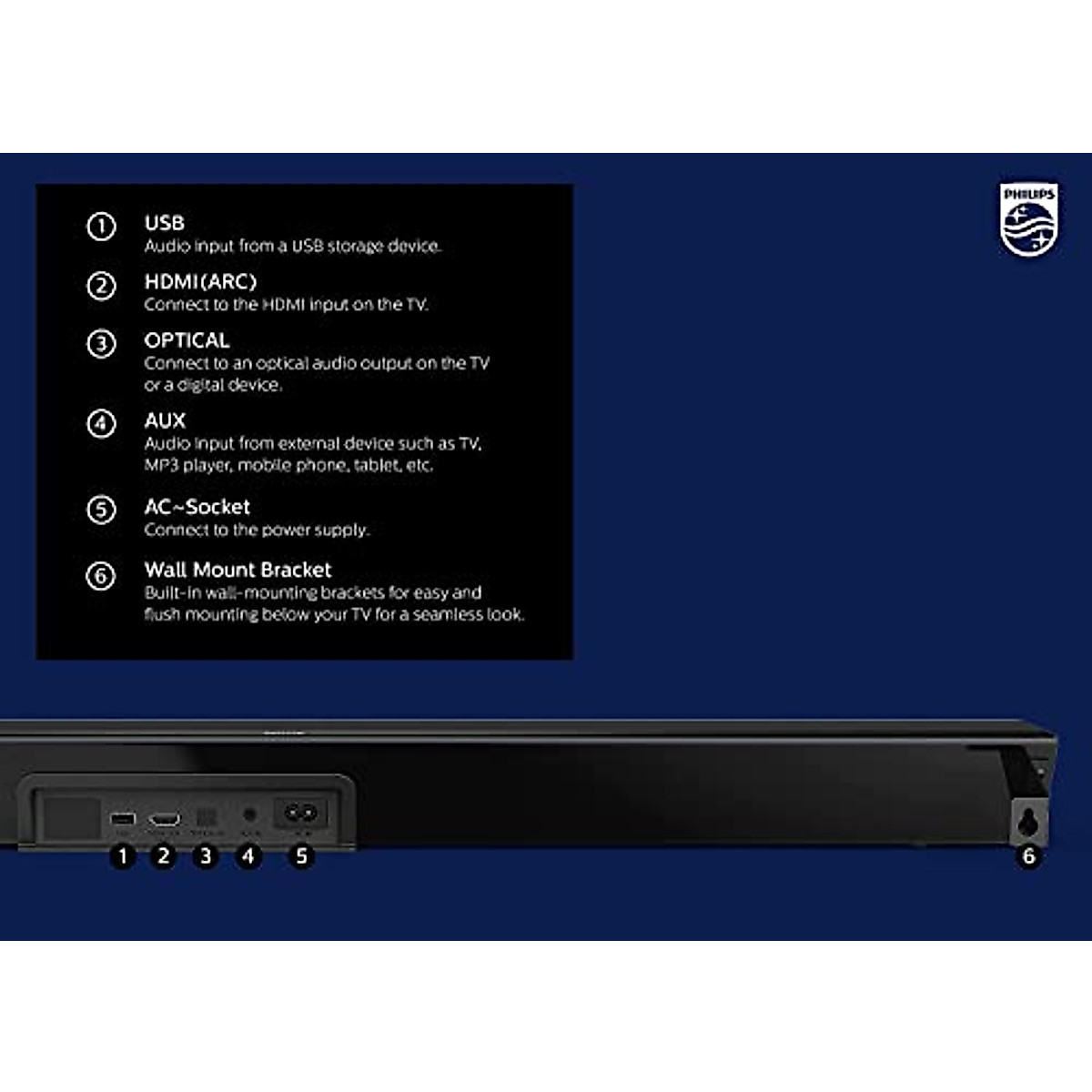 PHILIPS Soundbar with Wireless Subwoofer, Sound bar for tv 2.1-Channel Bluetooth, 300 Watts Dolby Audio Performance, Theater Audio Speakers