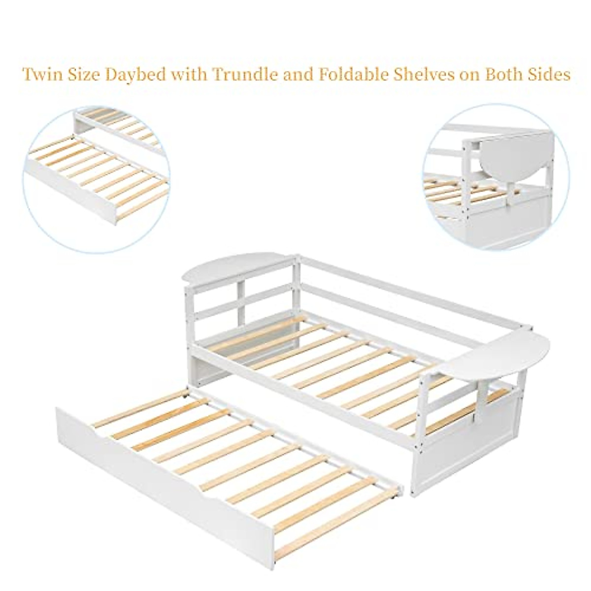 Polibi Twin Size Daybed with Trundle and Foldable Shelves on Both Sides, Wooden Sofa Bed with Wood Frame and Slats, No Spring Box Needed