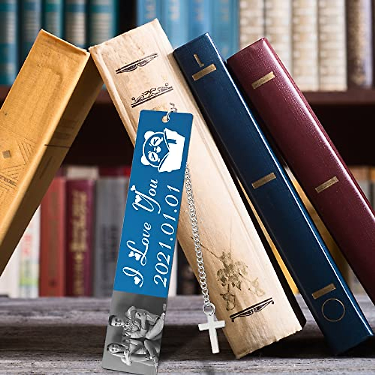 Personalized Engraved Bookmarks with Picture Logo Custom Laser Photo Name Book Mark Customized Metal Bookmarks with Cross for Women Men Teacher Valentine’s Day Gift-Blue