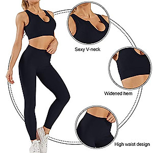 Women Workout Outfits 2 Piece Ribbed Seamless Crop Tank High Waist Yoga Leggings Sets