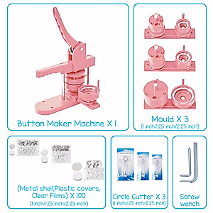 Ganggend Button Maker Machine Multiple Sizes, 1''+1.25''+2.25'' Button Badge Maker Machine Pin Button Press Maker with Button Parts Circle Cutter Accessories(Pink)