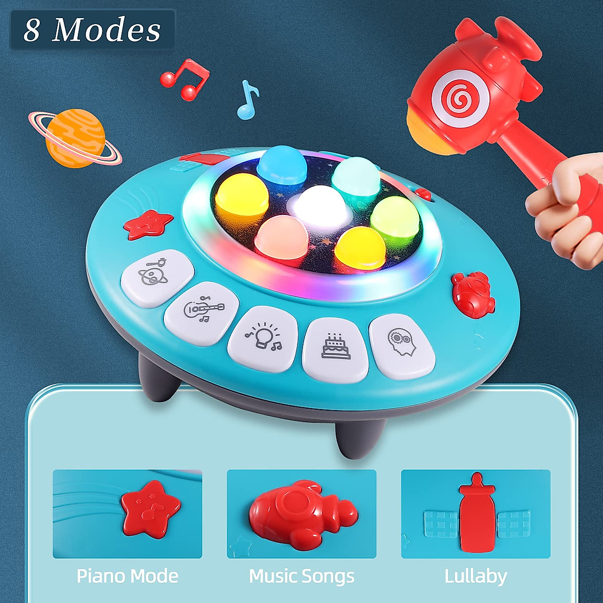 Tiyol 8-in-1 Musial Pounding Board, Baby Boy Toys, Light-Up UFO, Spaceship Hammer Educational Game for Toddler, Fun Birthday for Kids