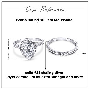 Wishrocks 2CT 925 Sterling Silver White Gold Plated Wedding Band Teardrop Bridal Ring Set Halo Moissanite Diamond Solitaire Promise Engagement Ring for Women (, Clarity-VVS1)