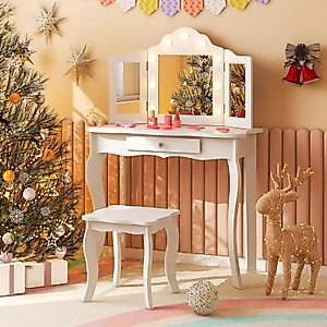 AKUSTIK Kids Vanity with Lights, 2 in 1 Wooden Dressing Table and Chair Set with Tri-Folding Mirror, Stool, Storage Drawer, Toddlers Pretend Princess Beauty Playset Toy Gift for Little Girls